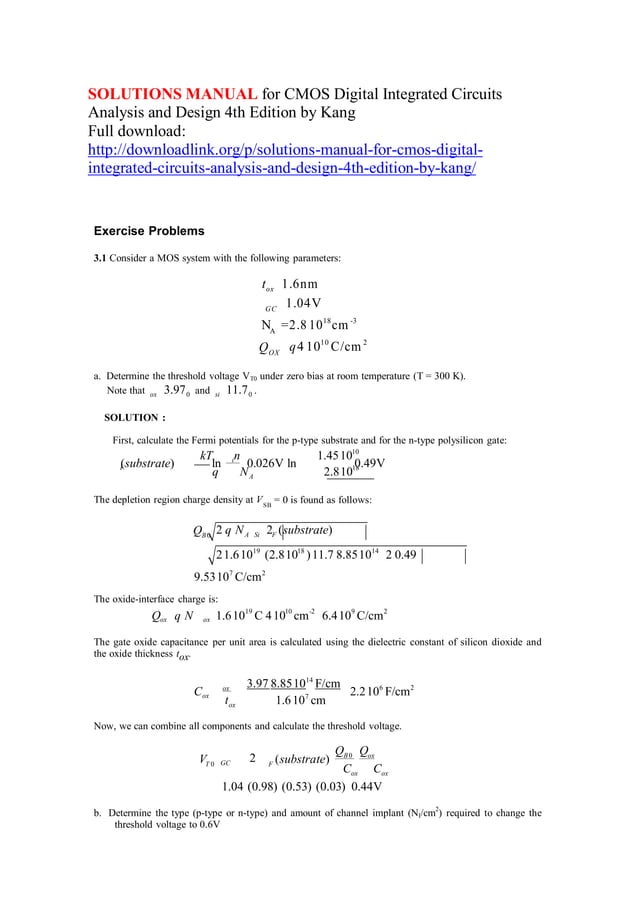 Solutions manual for cmos digital integrated circuits analysis and design 4th edition by kang | PDF