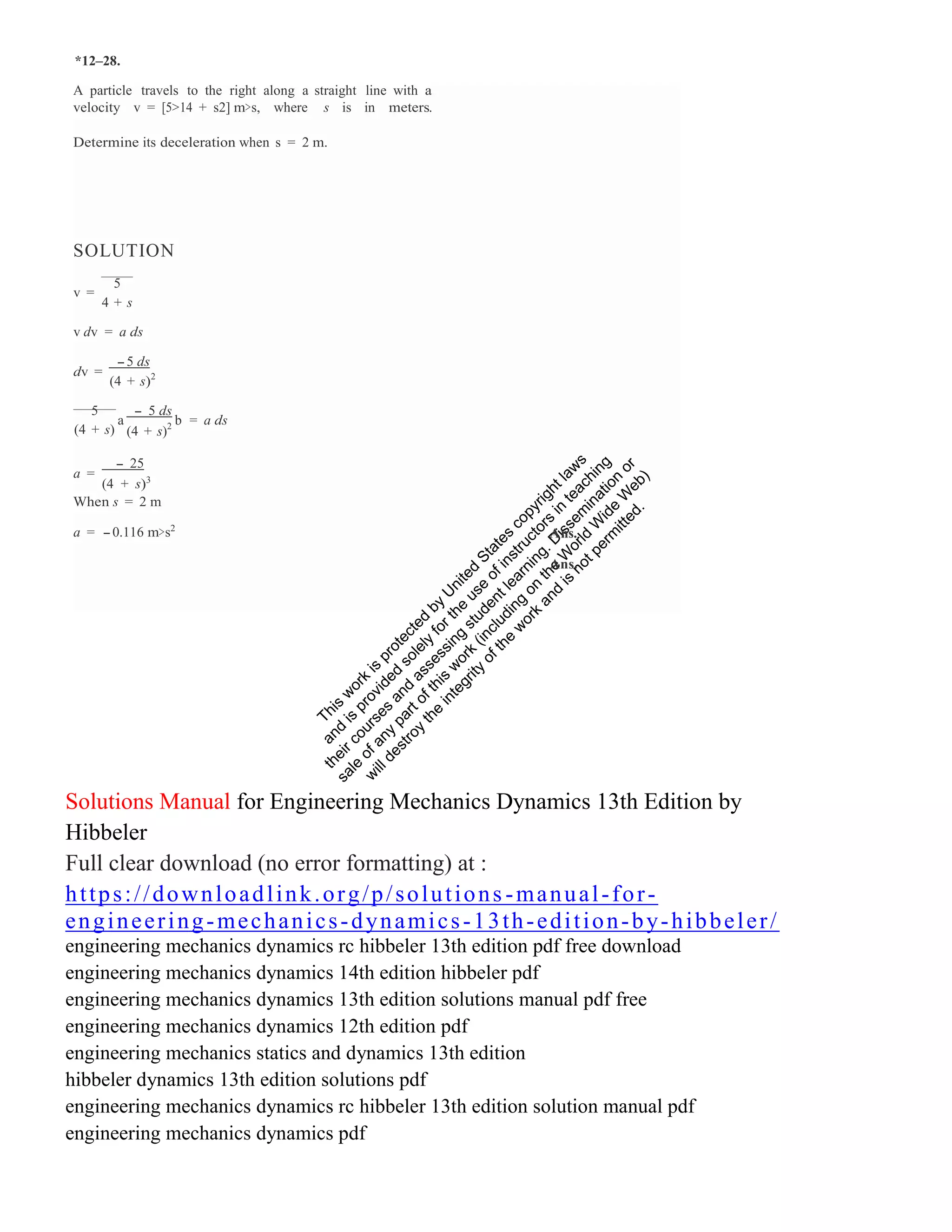 Solutions manual for engineering mechanics dynamics 13th edition by hibbeler | PDF