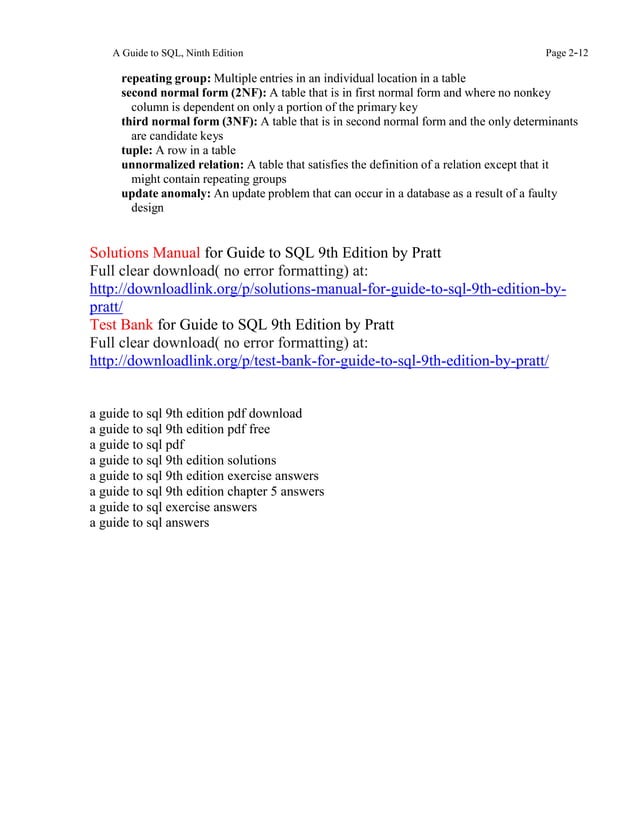 Solutions manual for guide to sql 9th edition by pratt | PDF