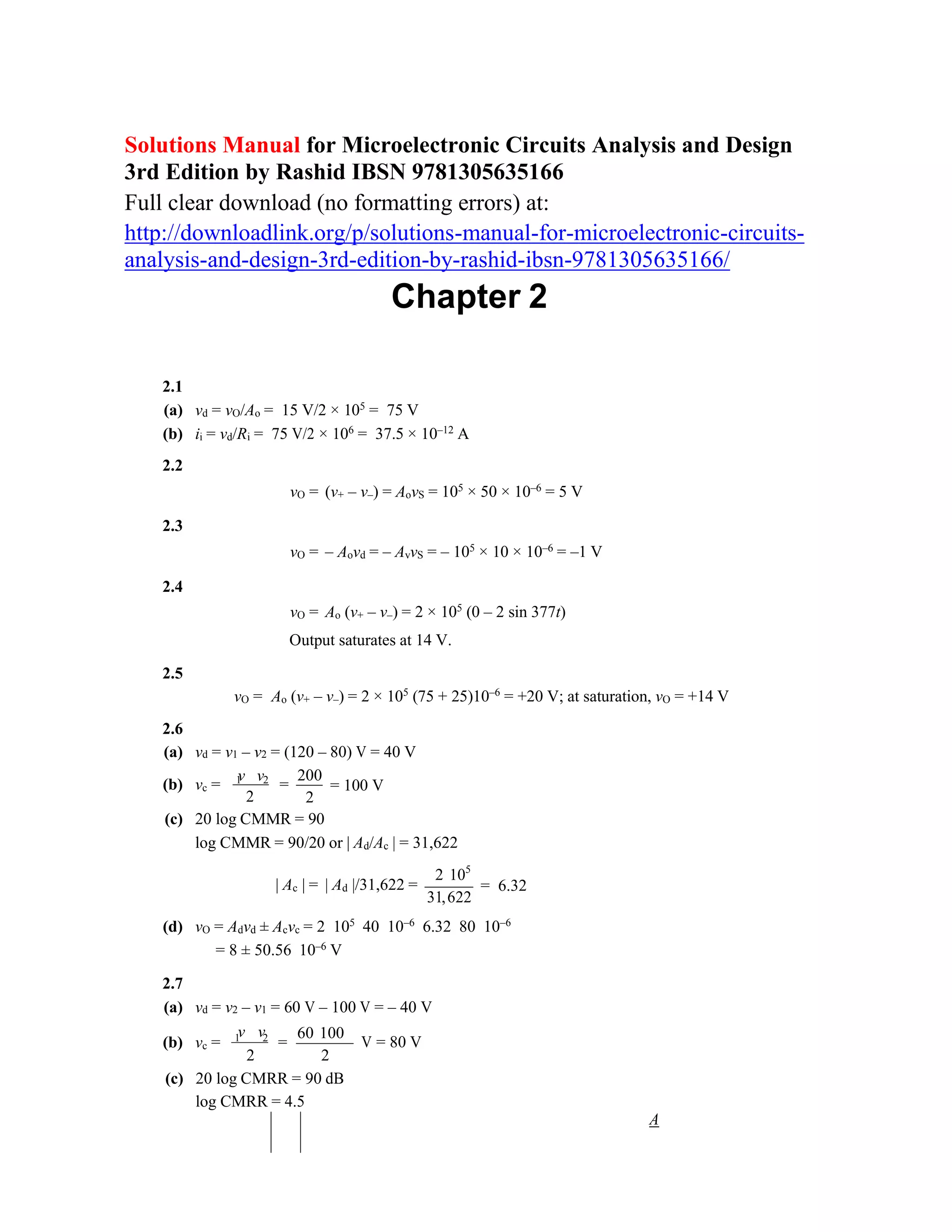 Solutions manual for microelectronic circuits analysis and design 3rd edition by rashid ibsn ...