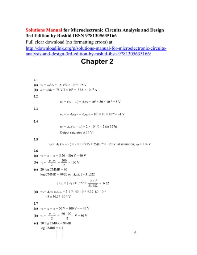Solutions manual for microelectronic circuits analysis and design 3rd edition by rashid ibsn ...
