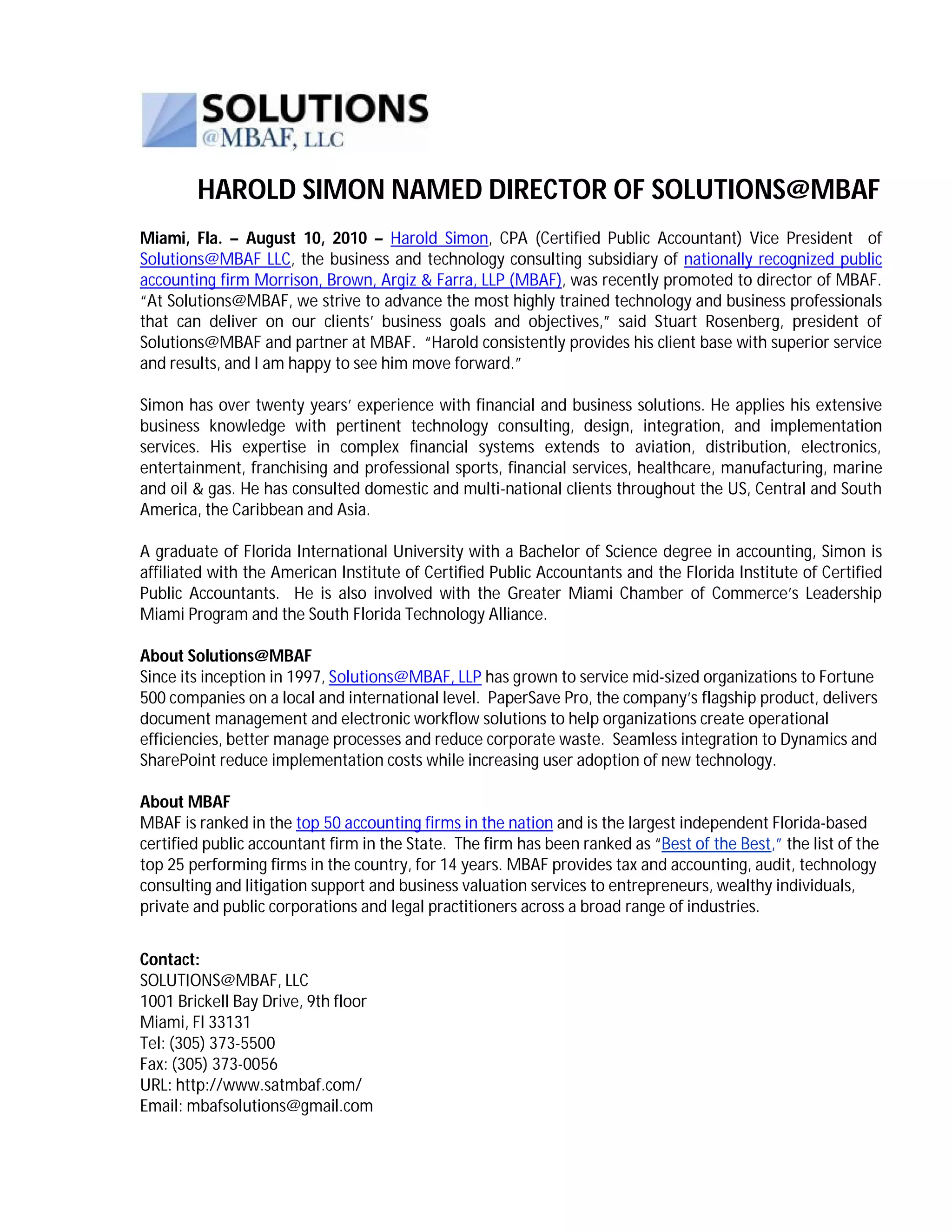 HAROLD SIMON NAMED DIRECTOR OF SOLUTIONS@MBAF | PDF