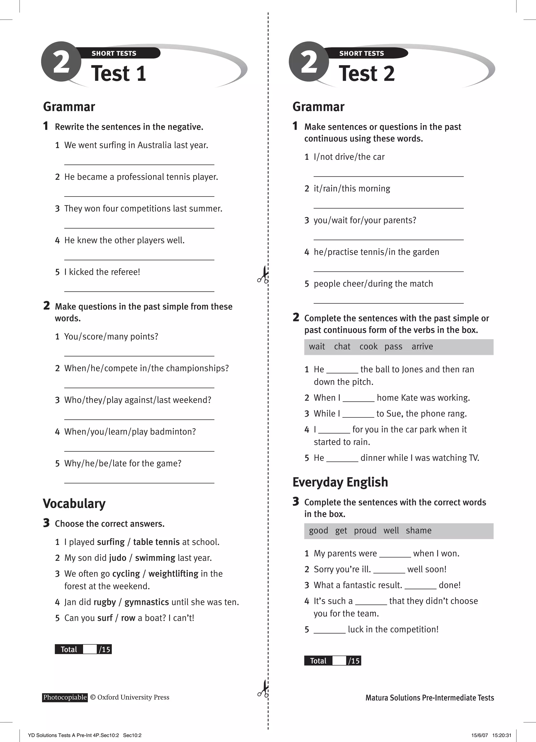 Solutions pre intermediate short tests | PDF