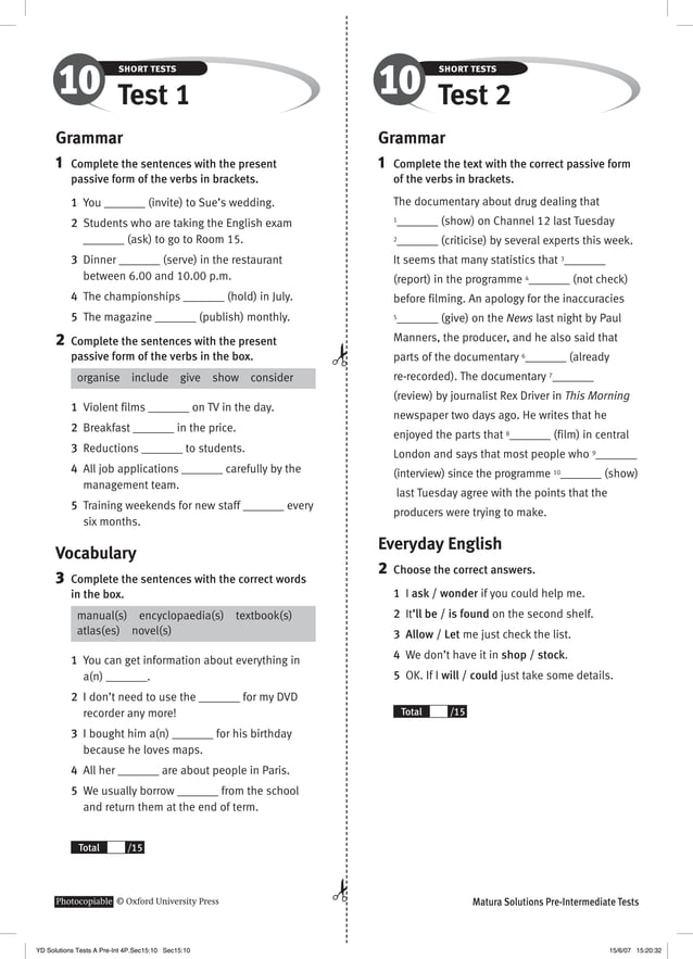 Solutions pre intermediate short tests | PDF | Educational Assessment ...