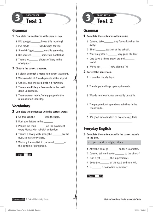 Solutions pre intermediate short tests | PDF | Educational Assessment ...