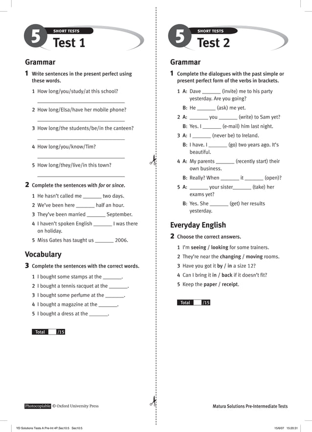 Solutions pre intermediate short tests | PDF | Educational Assessment ...