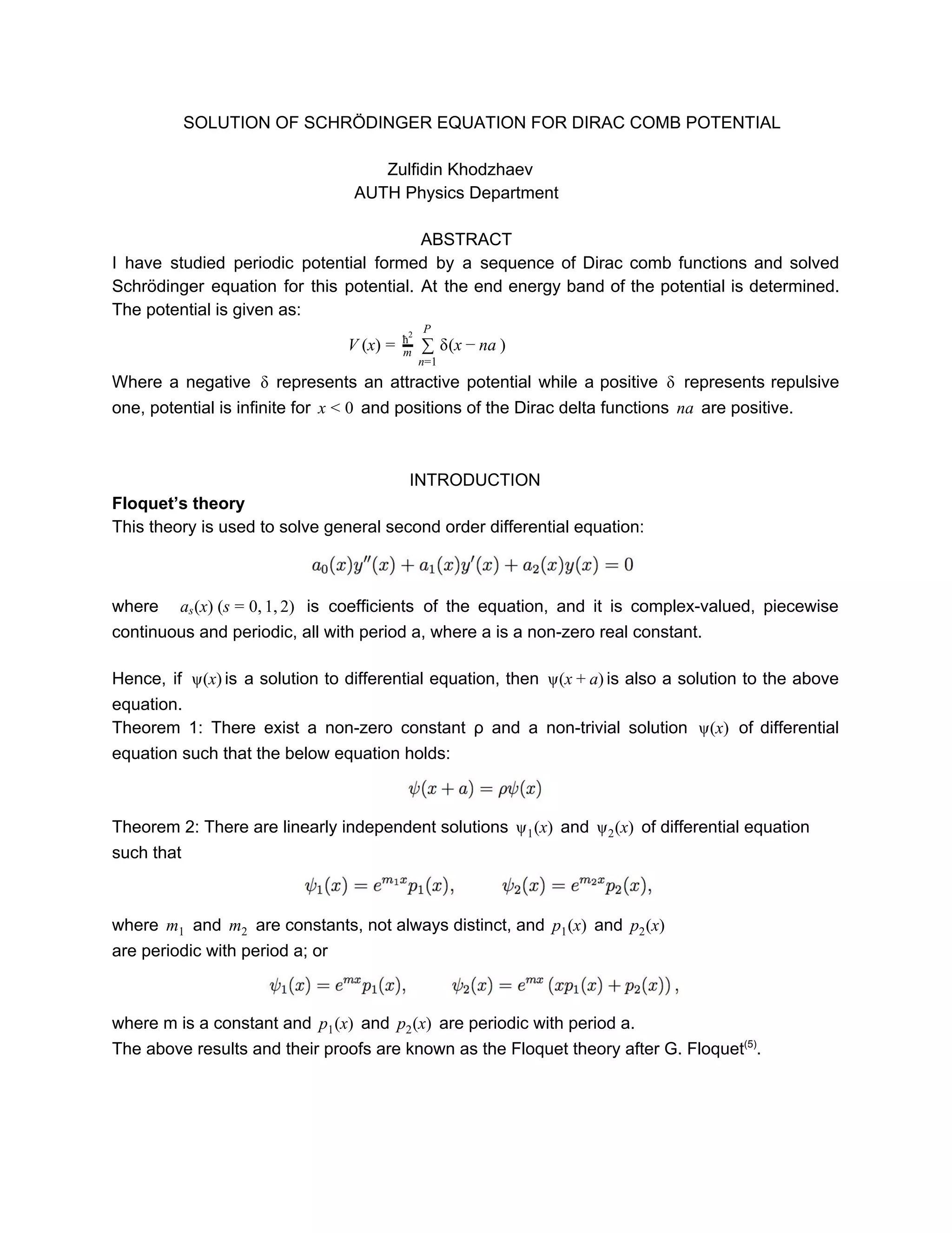 Solution to schrodinger equation with dirac comb potential | PDF