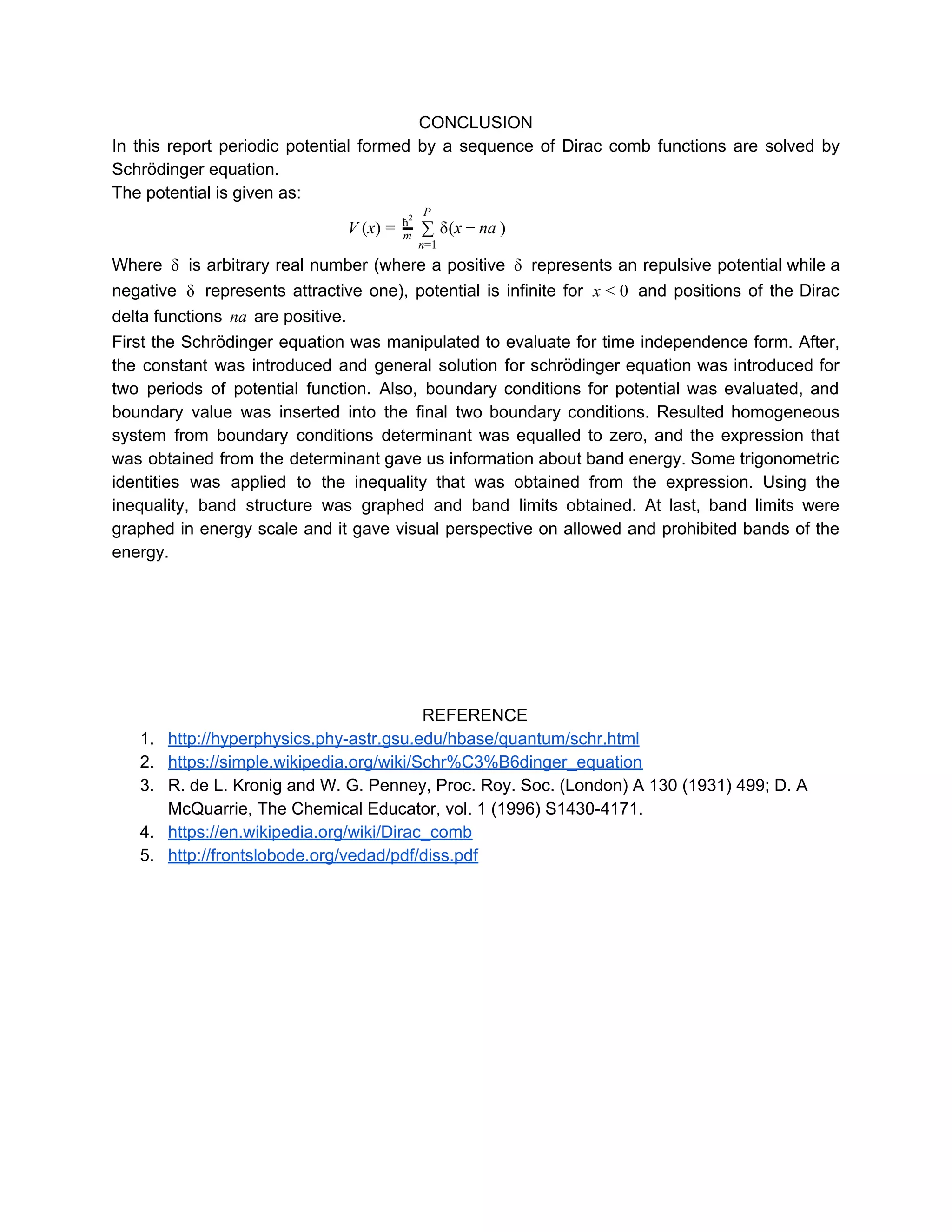 Solution to schrodinger equation with dirac comb potential | PDF