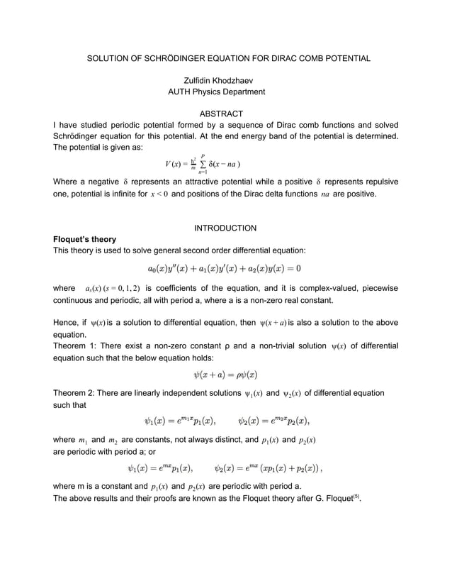 Solution to schrodinger equation with dirac comb potential | PDF ...