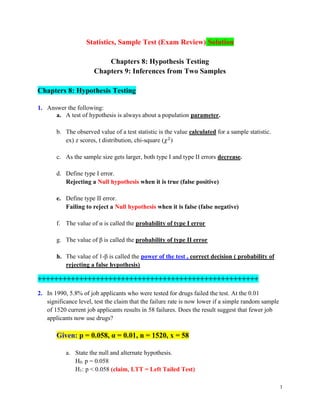 Solution to the practice test ch 8 hypothesis testing ch 9 two ...