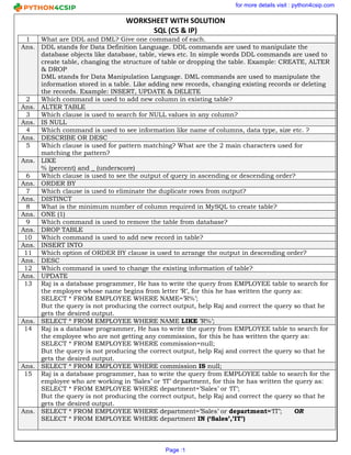 WORKSHEET SQL SOLVED FOR CLASS XII FINAL | PDF