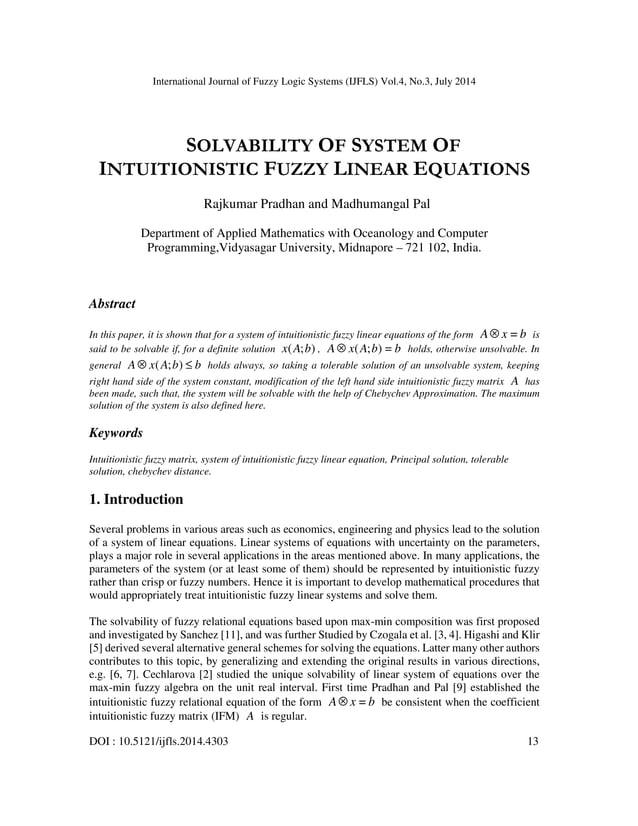 Solvability Of System Of Intuitionistic Fuzzy Linear Equations Pdf