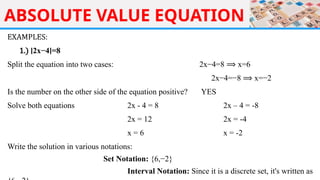 SOLVE ABSOLUTE VALUE EQUATIONS IN ONE VARIABLE AND EXPRESS SOLUTIONS IN ...