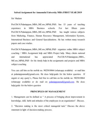 Solved Assignment for Annamalai University MBA First Year 2019 | PDF