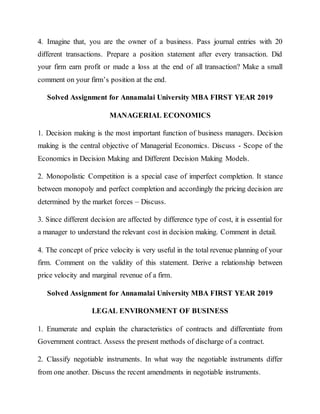 Solved Assignment for Annamalai University MBA First Year 2019 | PDF