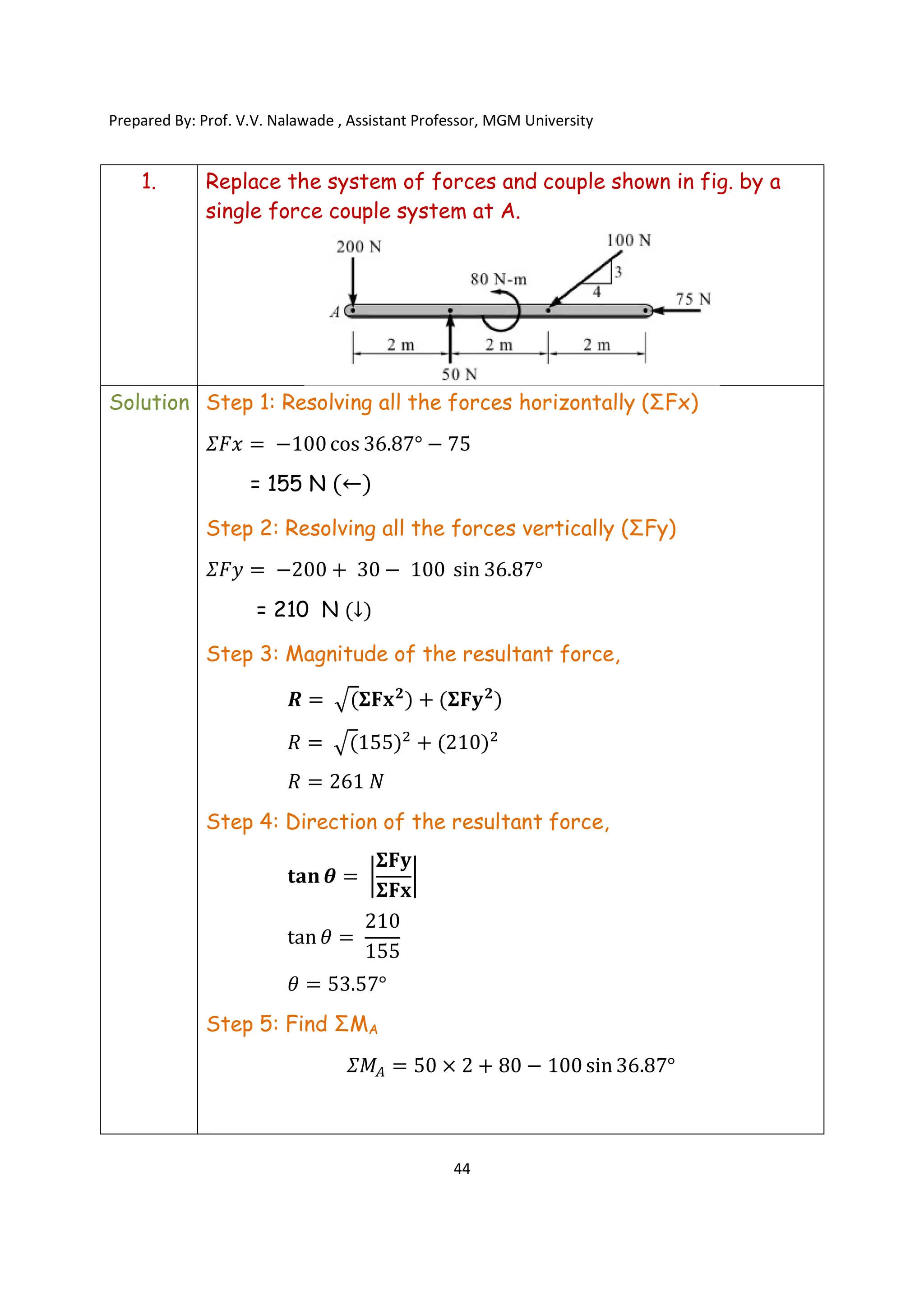 Unit 1. force system, solved problems on force system.pdf