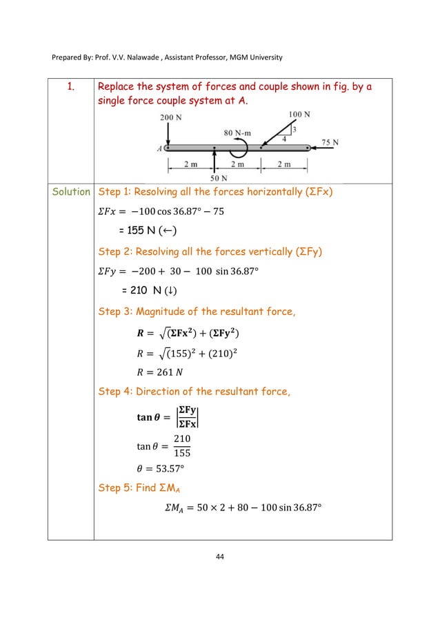 Unit 1. force system, solved problems on force system.pdf