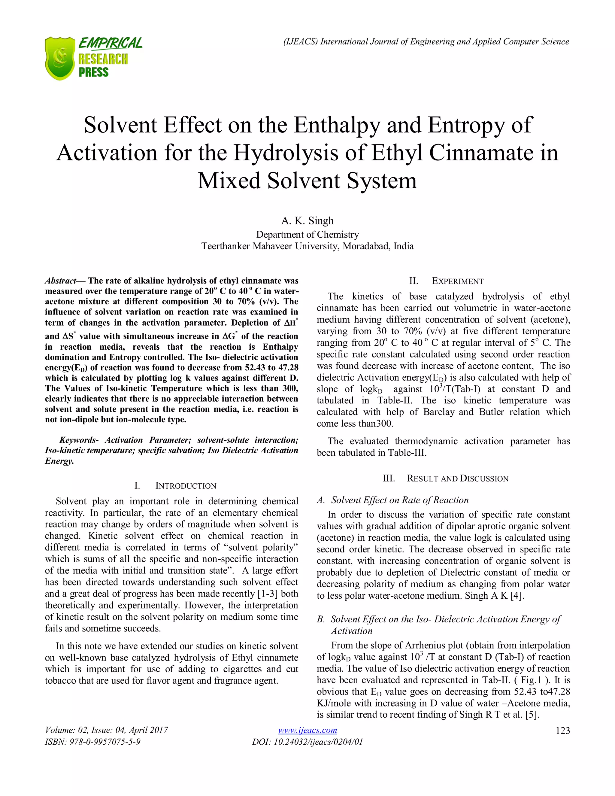 Solvent Effect on the Enthalpy and Entropy of Activation for the ...