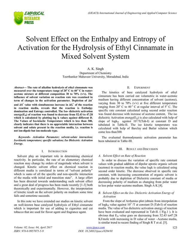 Solvent Effect on the Enthalpy and Entropy of Activation for the ...