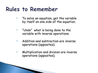 Solving 1 step equations | PPT