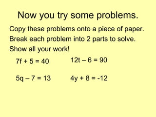 Solving 2 step variable equations | PPT