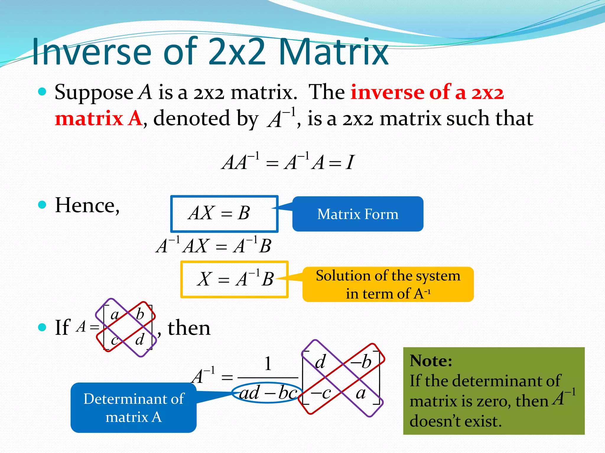 Solving 2x2 systems using inverse matrix (December 12, 2013) | PPTX