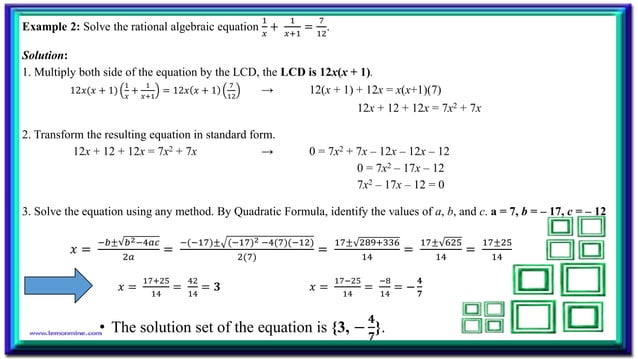 Solving Equations Transformable to Quadratic Equation Including Rational Algebraic Equations | PDF