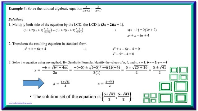 Solving Equations Transformable to Quadratic Equation Including Rational Algebraic Equations | PDF