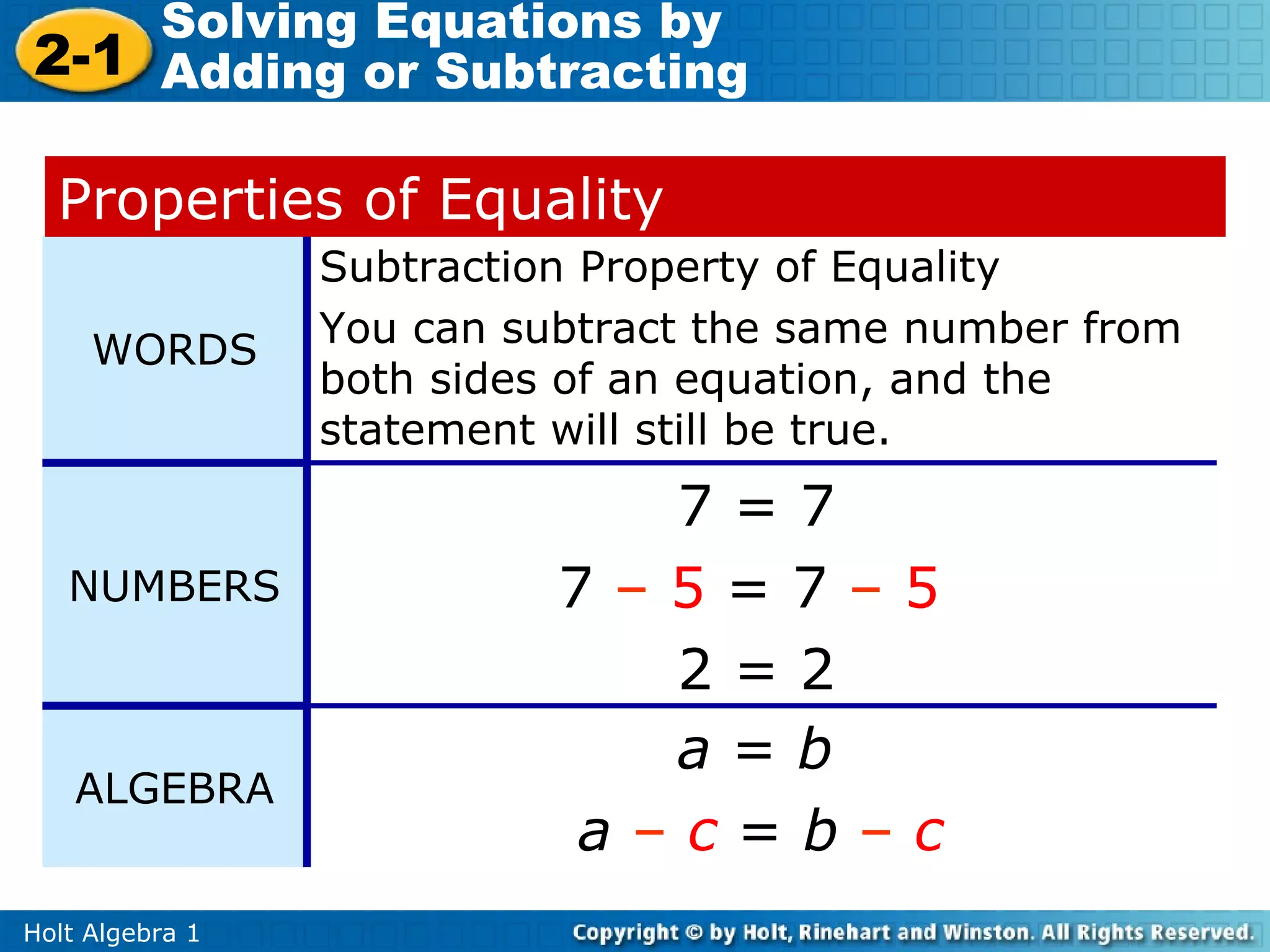 Solving equations using addition and subtraction | PPT