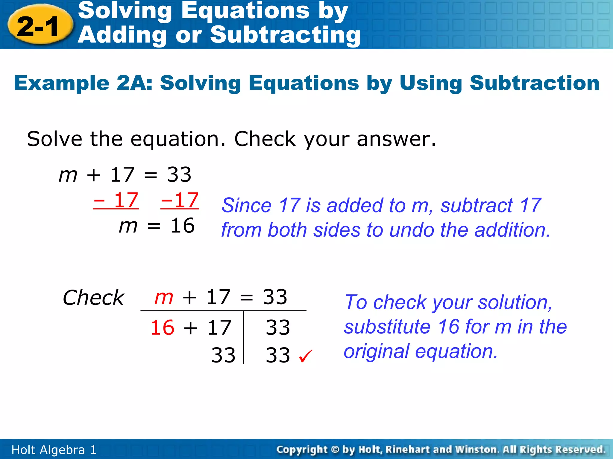 Solving Equations Using Addition And Subtraction Ppt