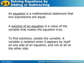 Solving equations using addition and subtraction | PPT