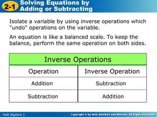 Solving equations using addition and subtraction | PPT