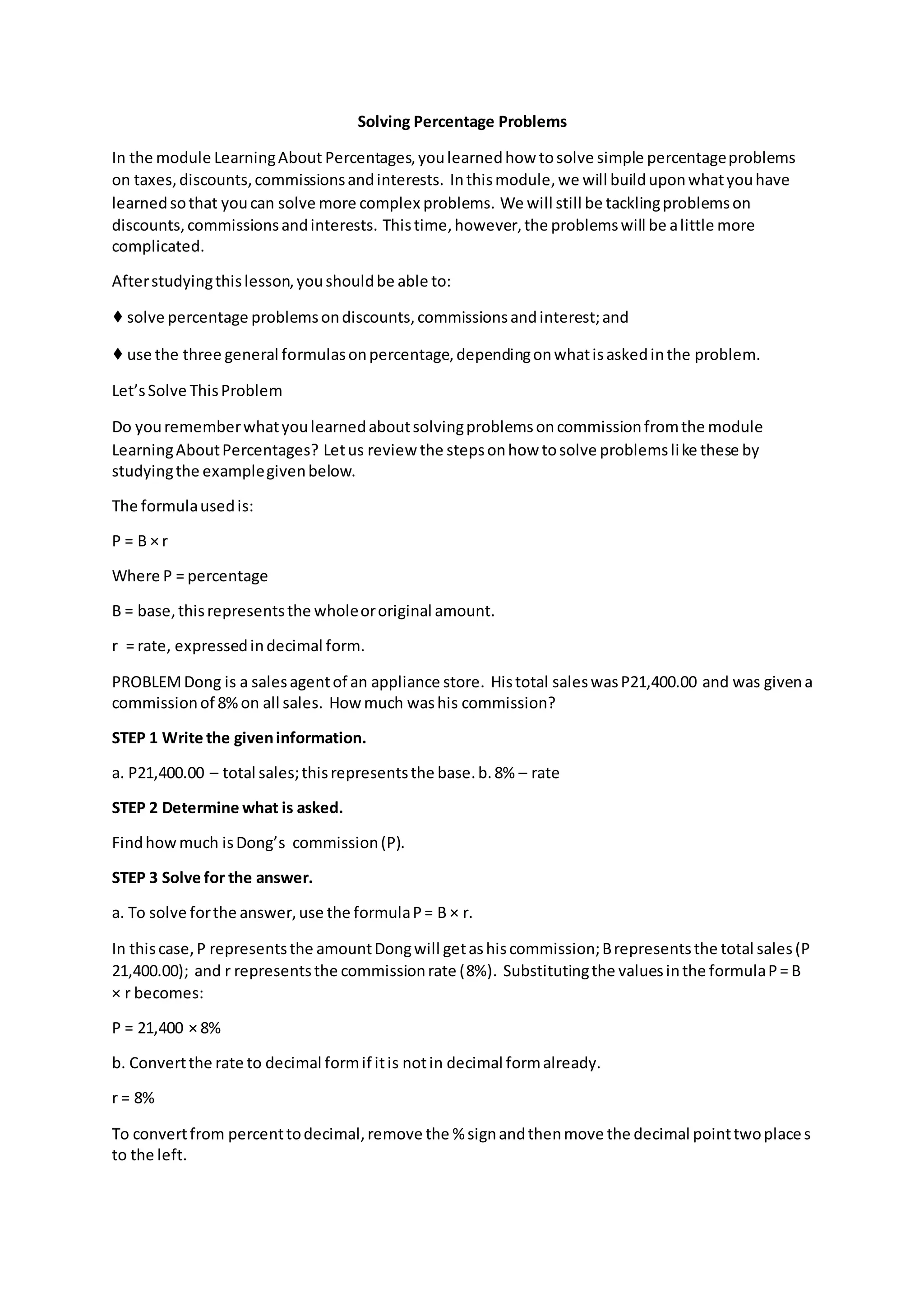 Solving percentage problems | DOCX