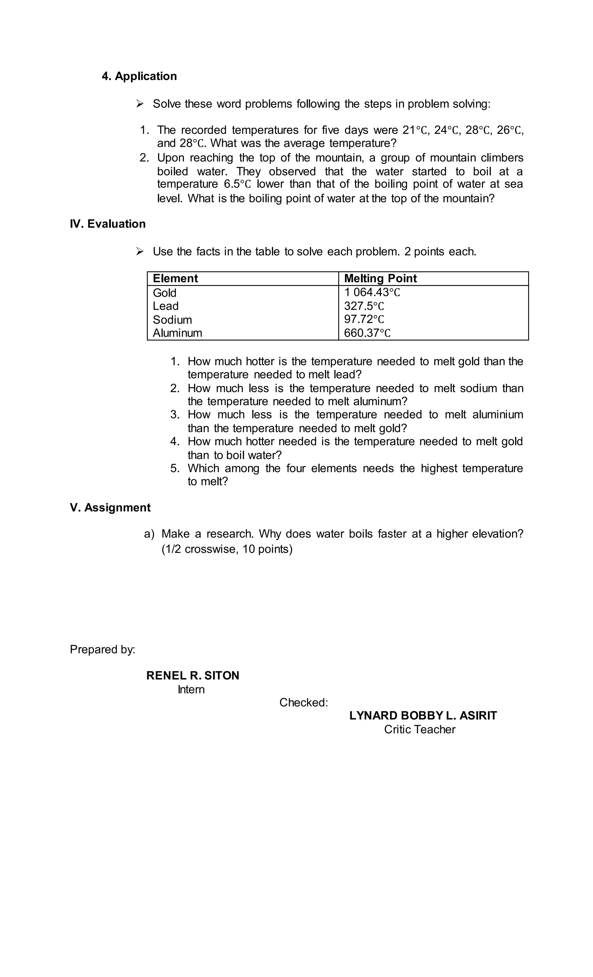 Solving Problem Involving Temperature Docx Weather Science