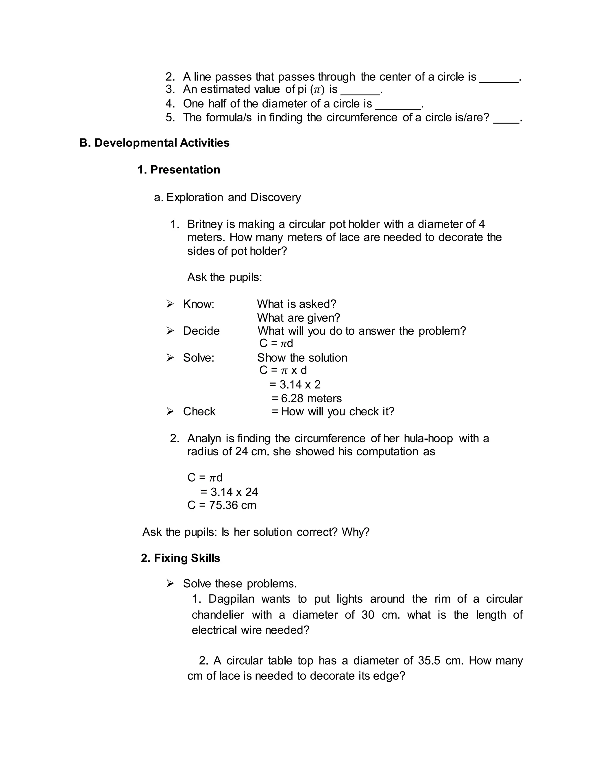 Solving problems involving circumference | DOCX