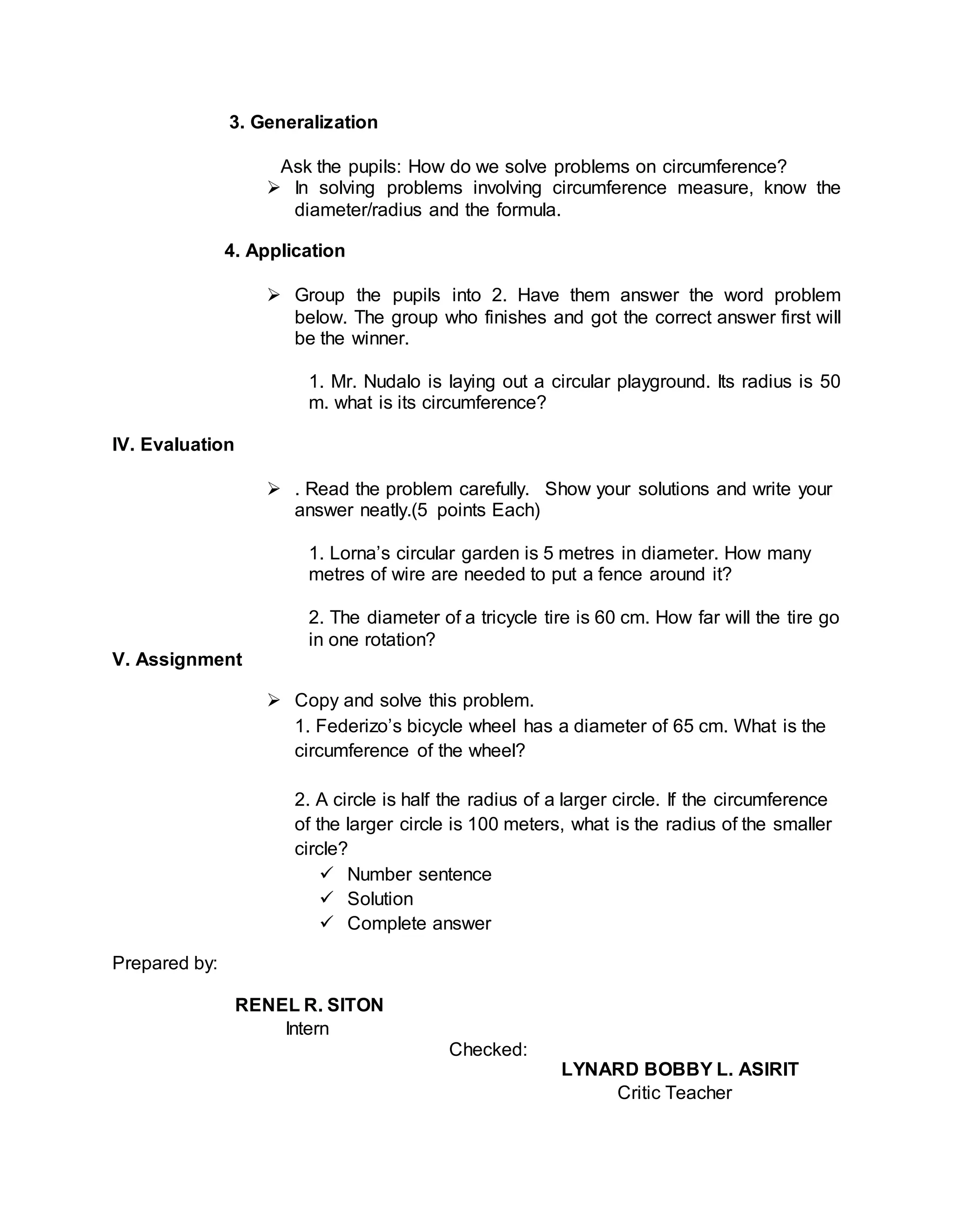 Solving problems involving circumference | DOCX