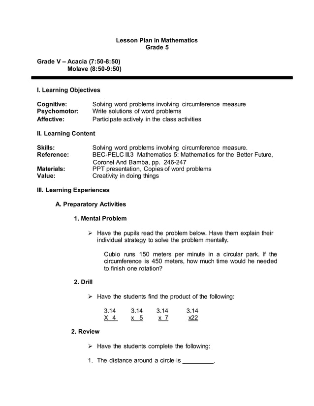 Solving problems involving circumference | DOCX | Physics | Science