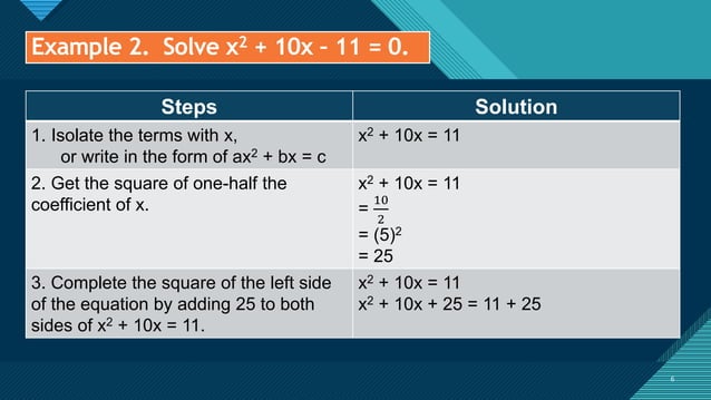 Solving quadratic equation using completing the square | PPT