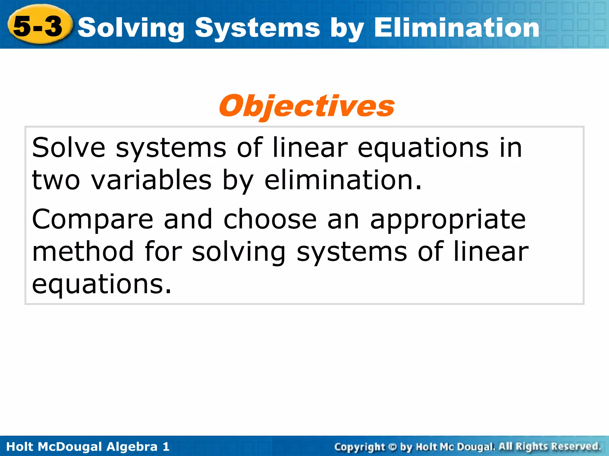 Solving systems by elimination 5 3 | PPT