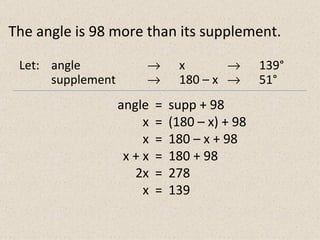 Solving word problems ~ complementary and supplementary angles | PPT