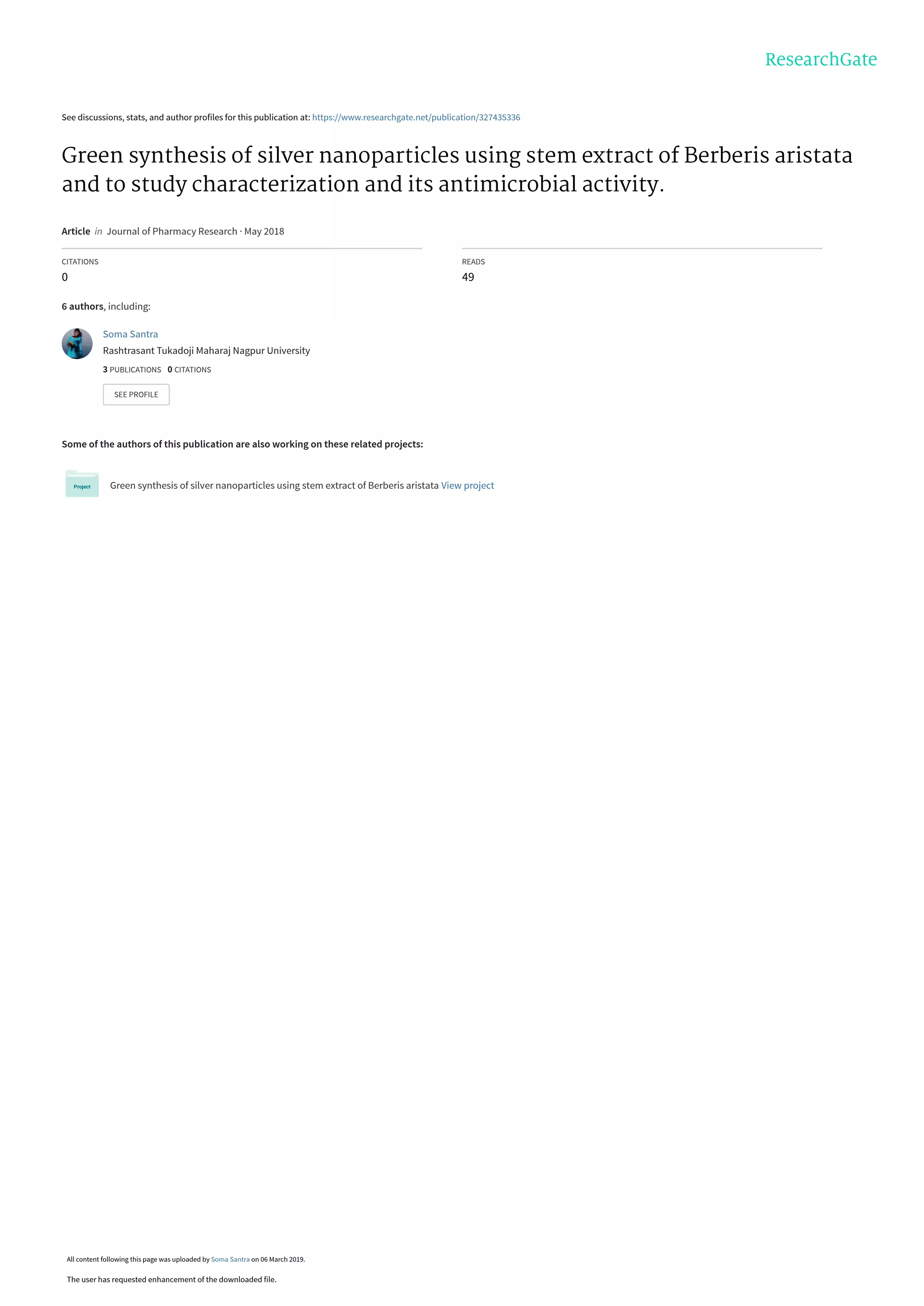 Green synthesis of silver nanoparticles using stem extract of Berberis aristata and to study ...