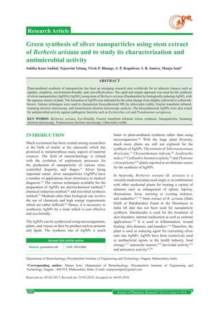 Green synthesis of silver nanoparticles using stem extract of Berberis aristata and to study ...