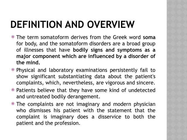 Somatoform disorders.pptx definition, pathophysiology | PPTX | Brain ...