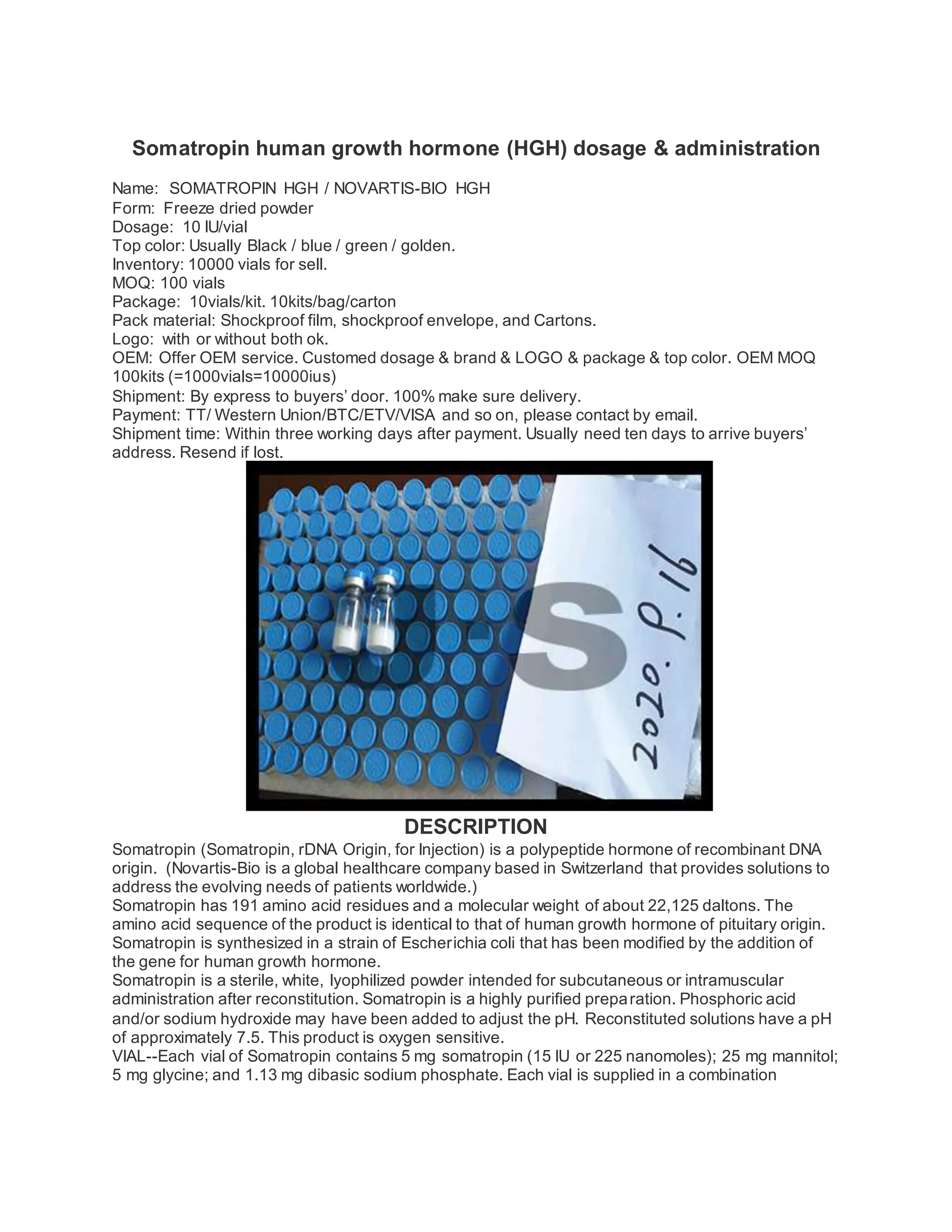 Somatropin human growth hormone (HGH) dosage & administration | PDF