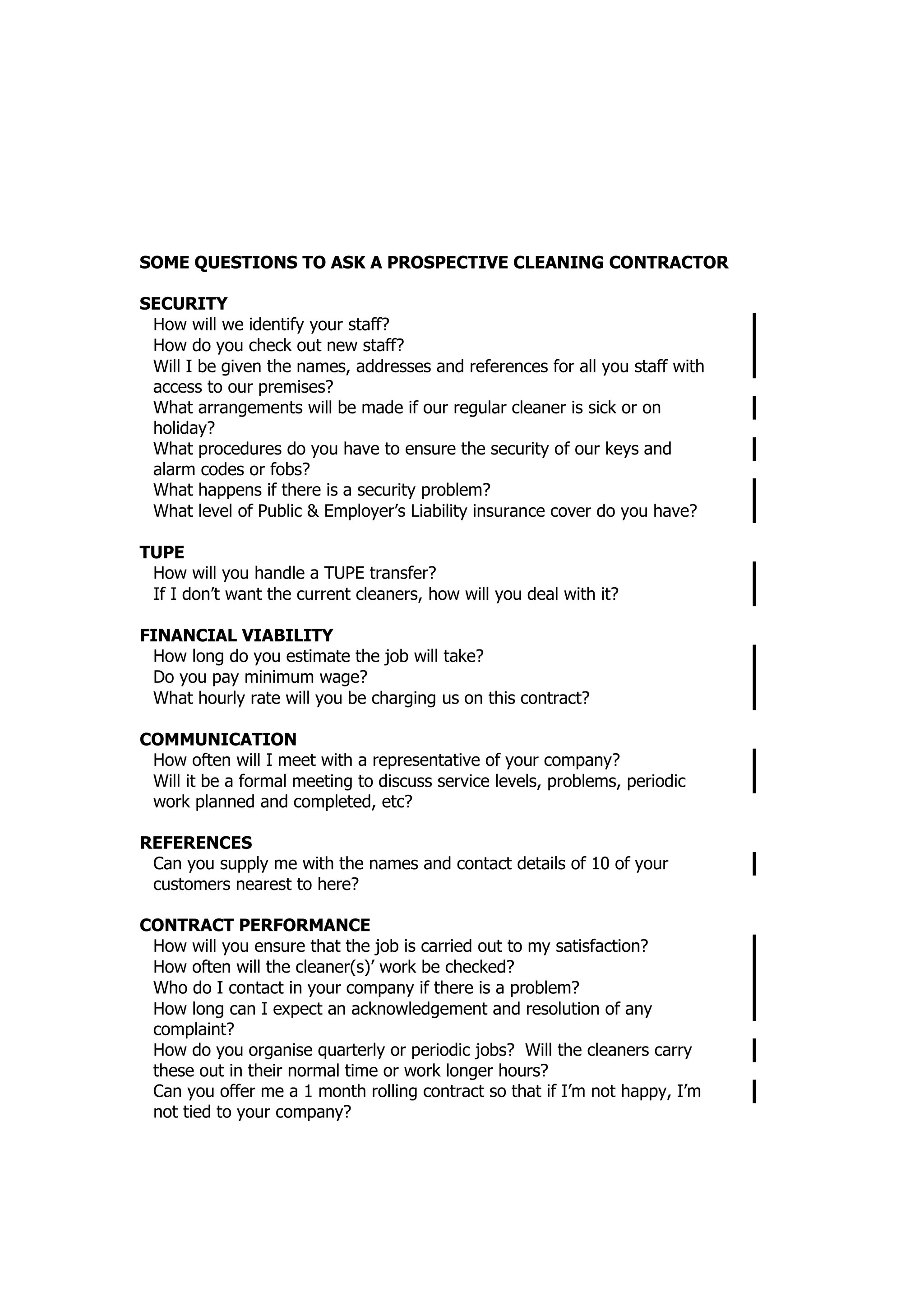 Some questions to ask a prospective cleaning contractor | PDF