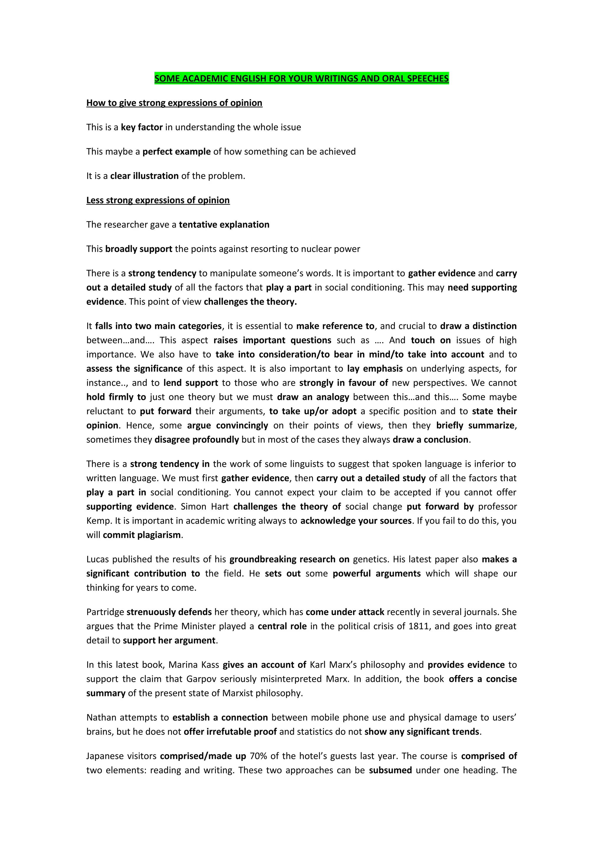 Some academic english for your writings and oral speeches | DOC