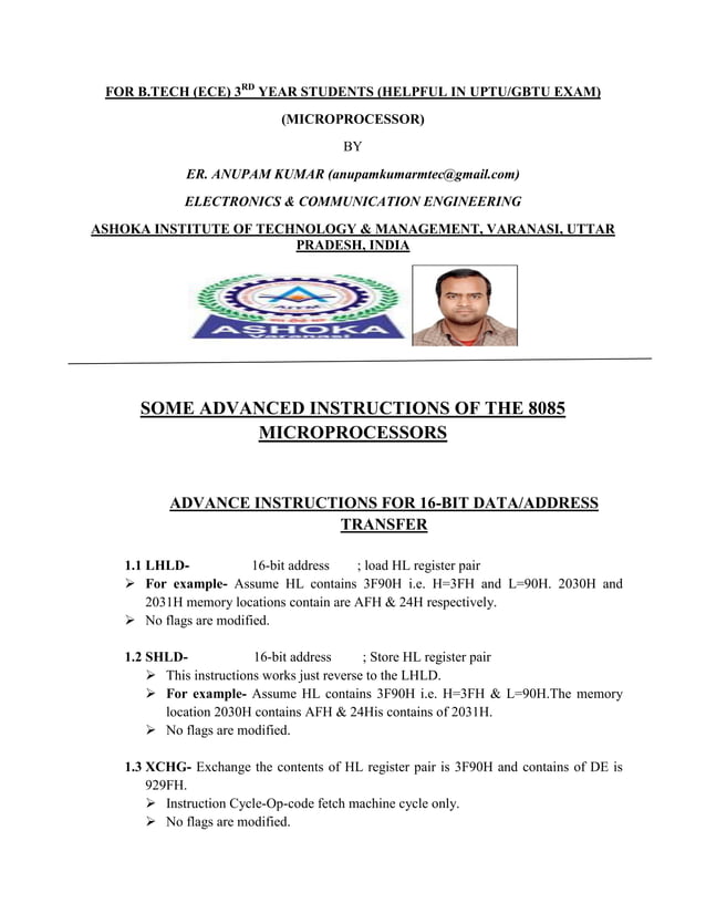 Some advanced instructions of the 8085 microprocessors | PDF