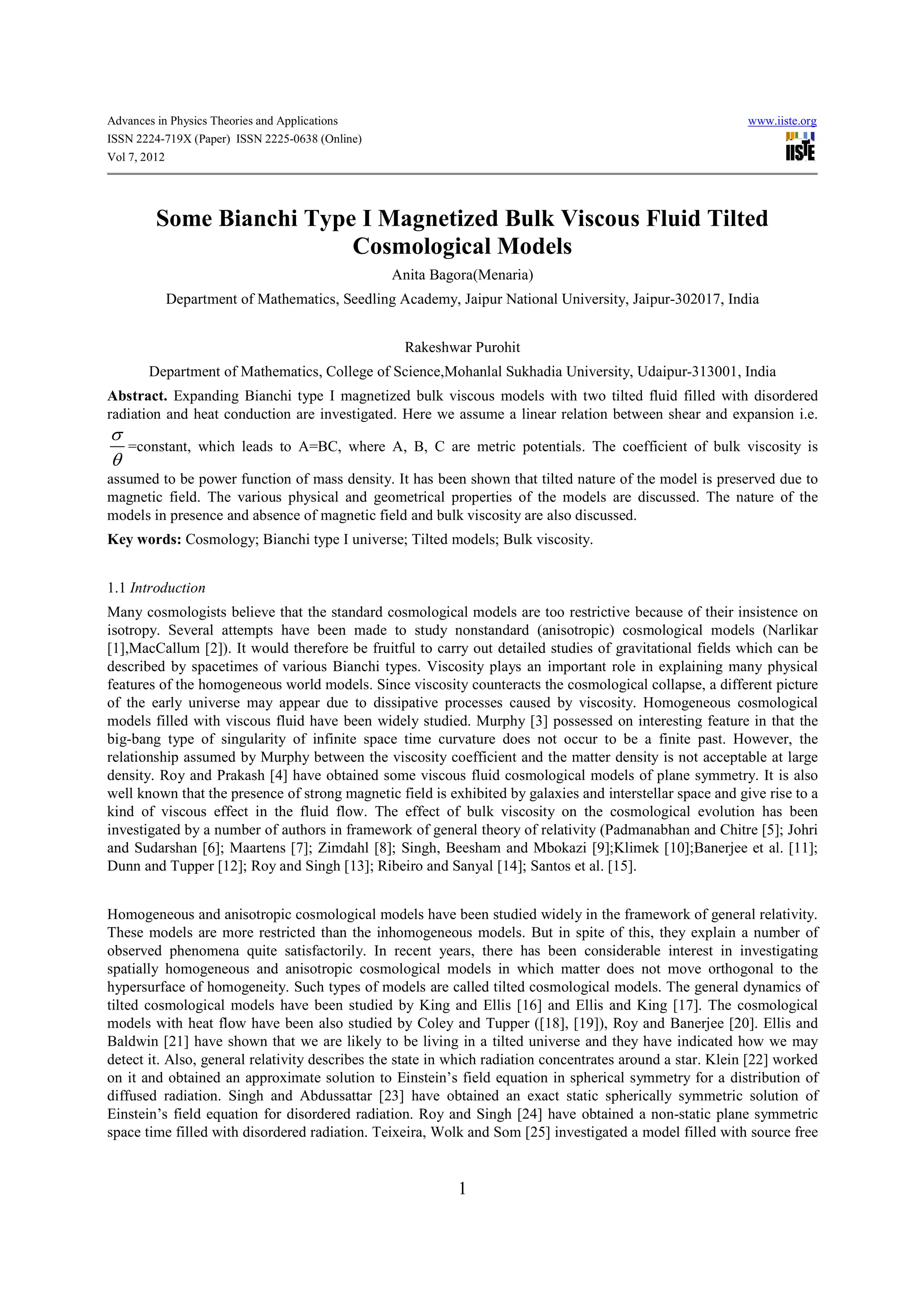 Some bianchi type i magnetized bulk viscous fluid tilted cosmological models | PDF | Physics ...