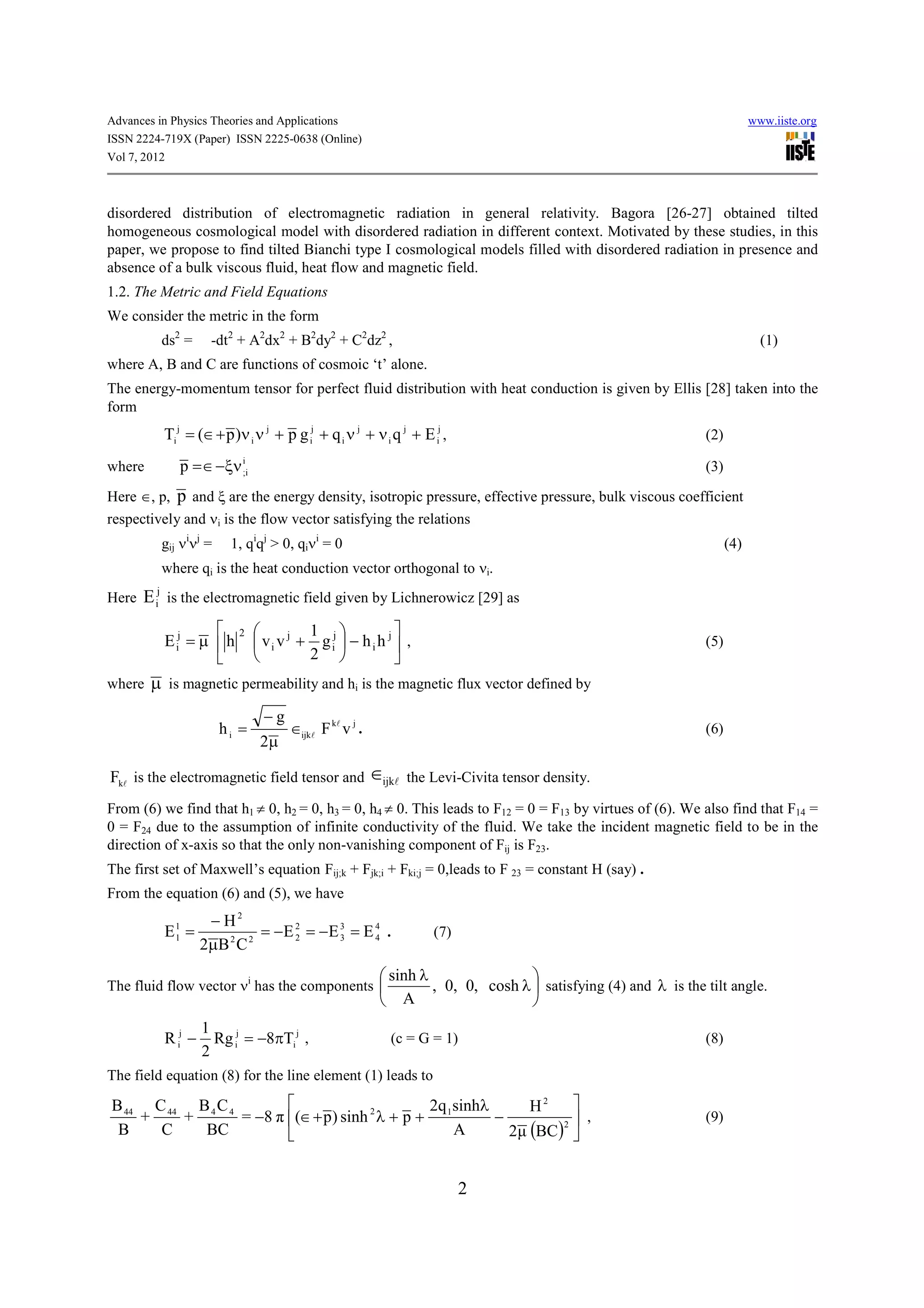 Some bianchi type i magnetized bulk viscous fluid tilted cosmological models | PDF | Physics ...