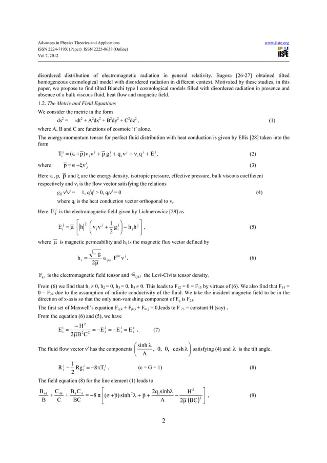 Some bianchi type i magnetized bulk viscous fluid tilted cosmological models | PDF | Physics ...